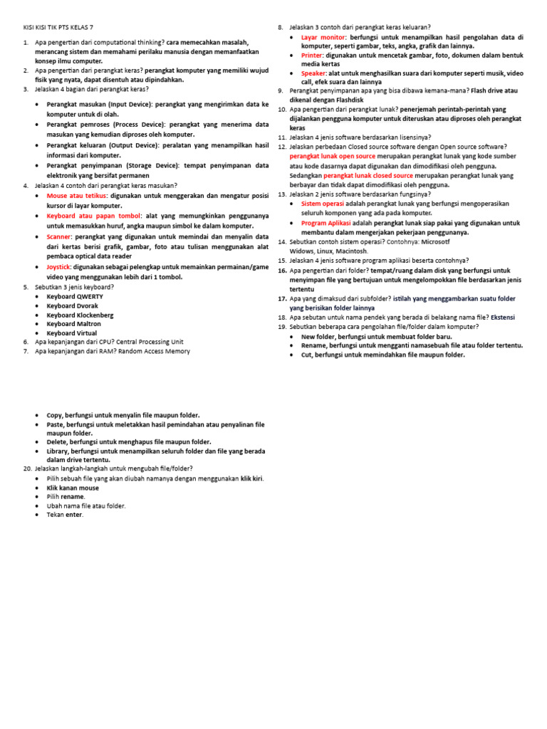 Kisi Kisi Soal Pts Tik Kelas 7 | PDF