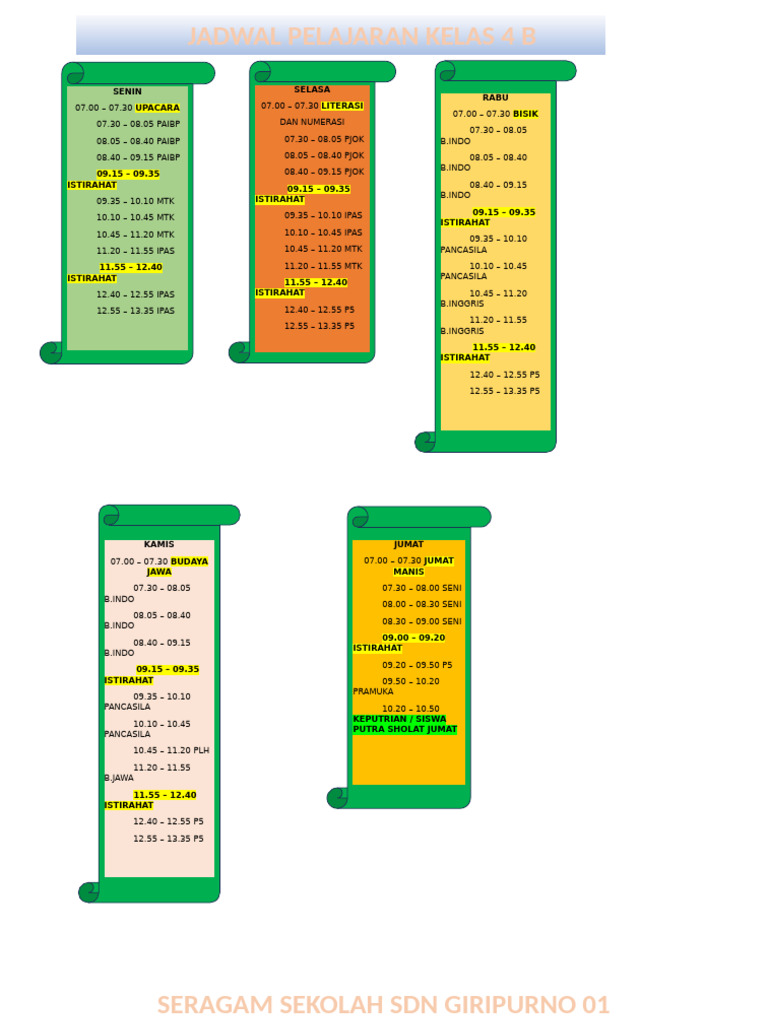 Jadwal Pelajaran Kelas 4 B Pdf
