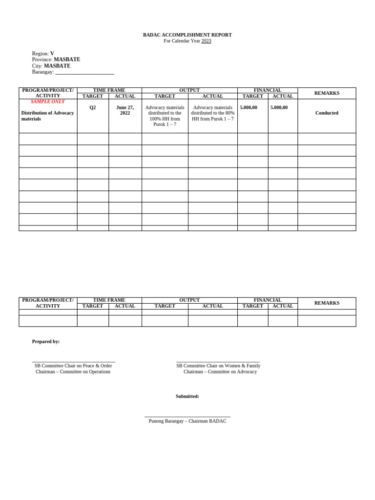Badac Accomplishment Report - Form | PDF