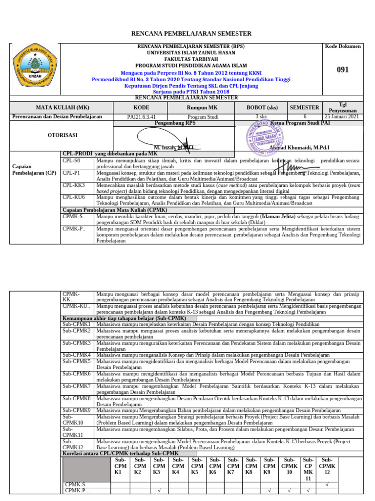 RPS Perencanaan dan Desain Pembelajaran PAI - M. Inzah | PDF