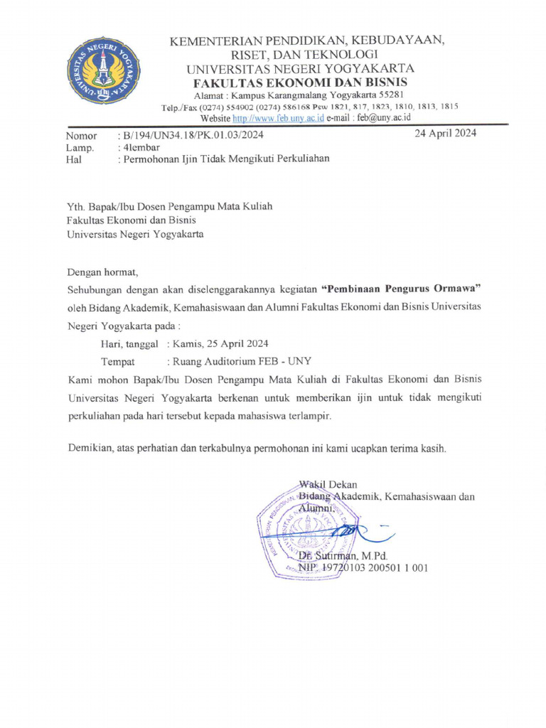 Surat Ijin Tidak Mengikuti Kuliah | PDF