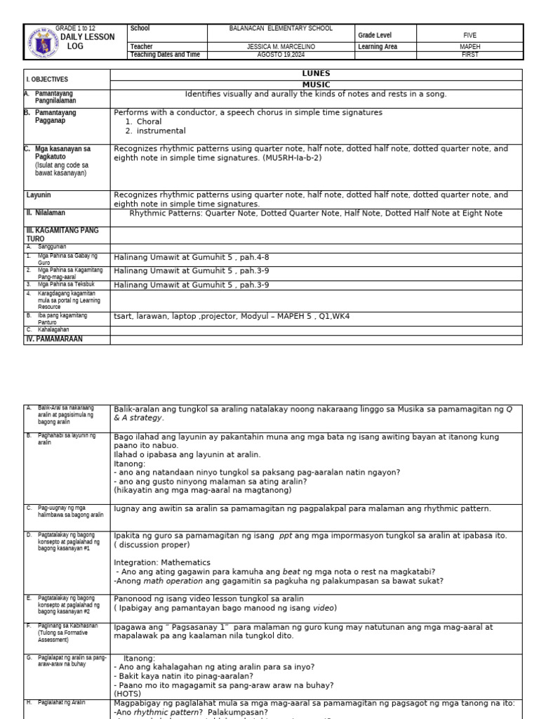 DLL Mapeh 5 Q1 WK4 D1 | PDF