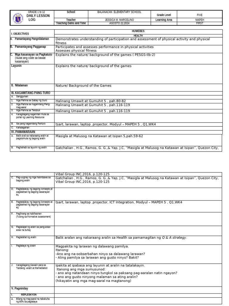 DLL Mapeh 5 Q1 WK4 D2 | PDF