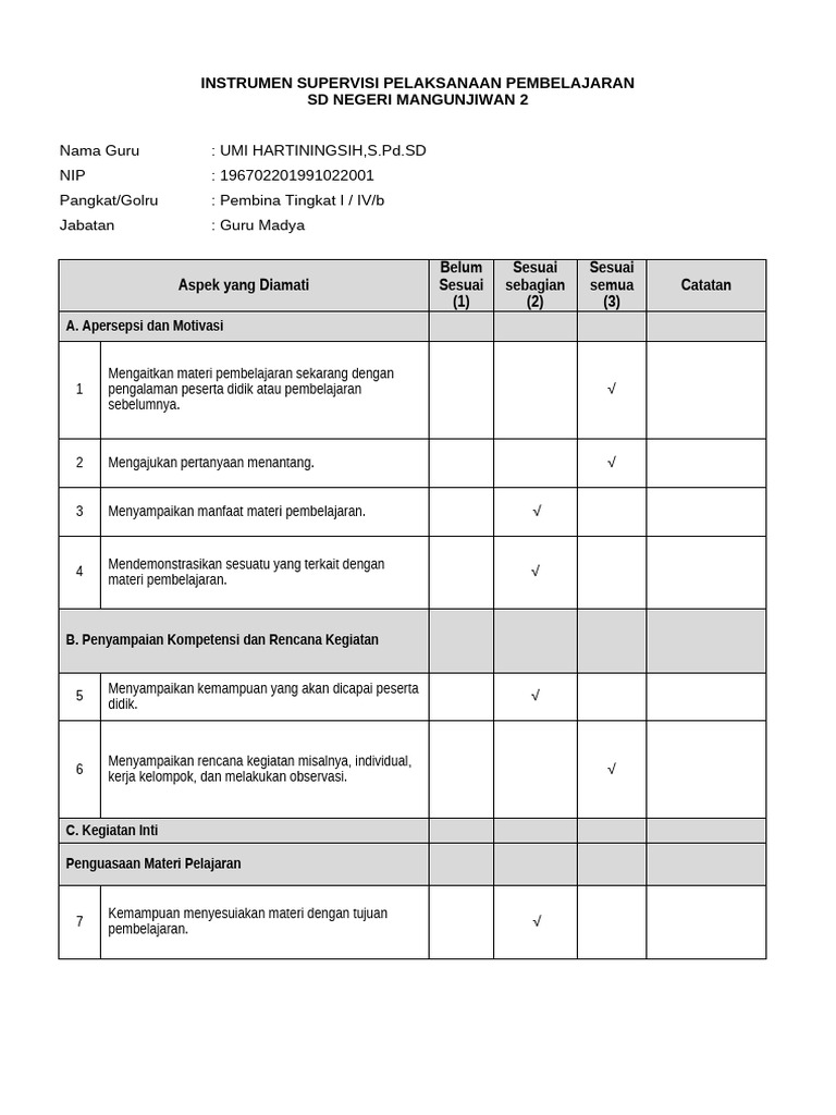 Instrumen Pengamatan Bu Umi | PDF