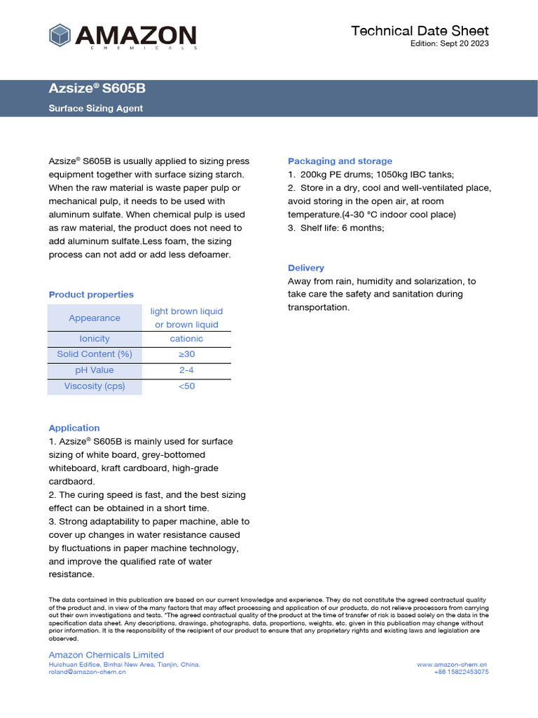 33-TDS-Surface Sizing Agent Azsize® S605B | PDF | Pulp (Paper) | Materials
