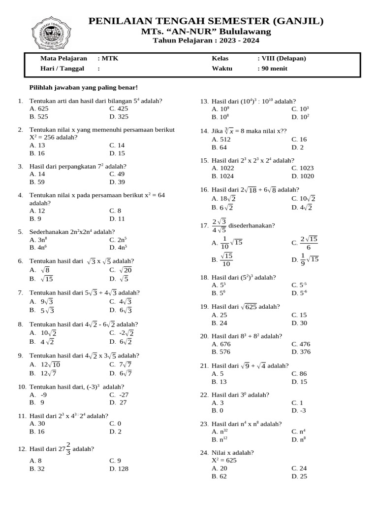 (MTK) ) PTS Kelas 8 Ganjil 2023-2024 | PDF