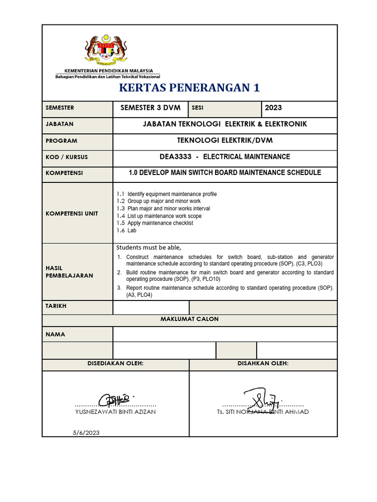 KP 1 Kertas Penerangan Maintenance MSB Schedule | PDF