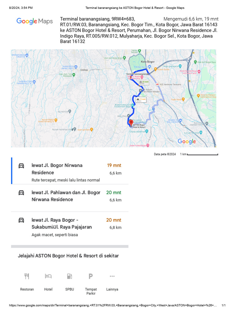 Terminal Baranangsiang Ke ASTON Bogor Hotel & Resort - Google Maps | PDF