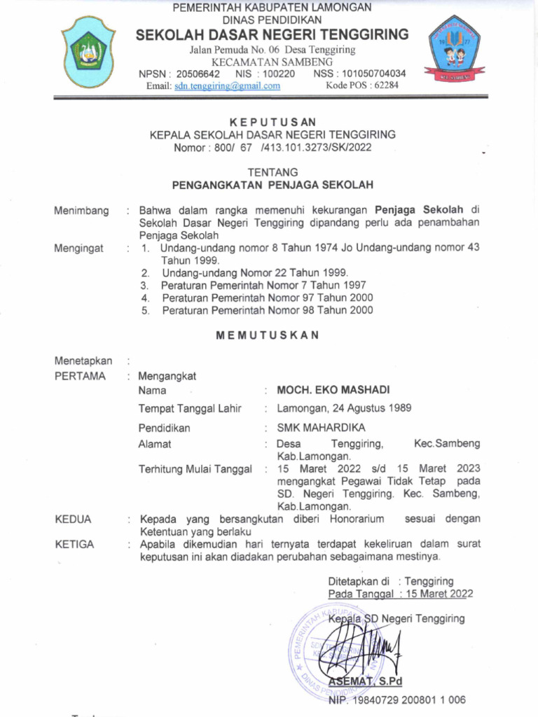 SK Pengangkatan Moch. Eko Mashadi Tahun 2022 | PDF