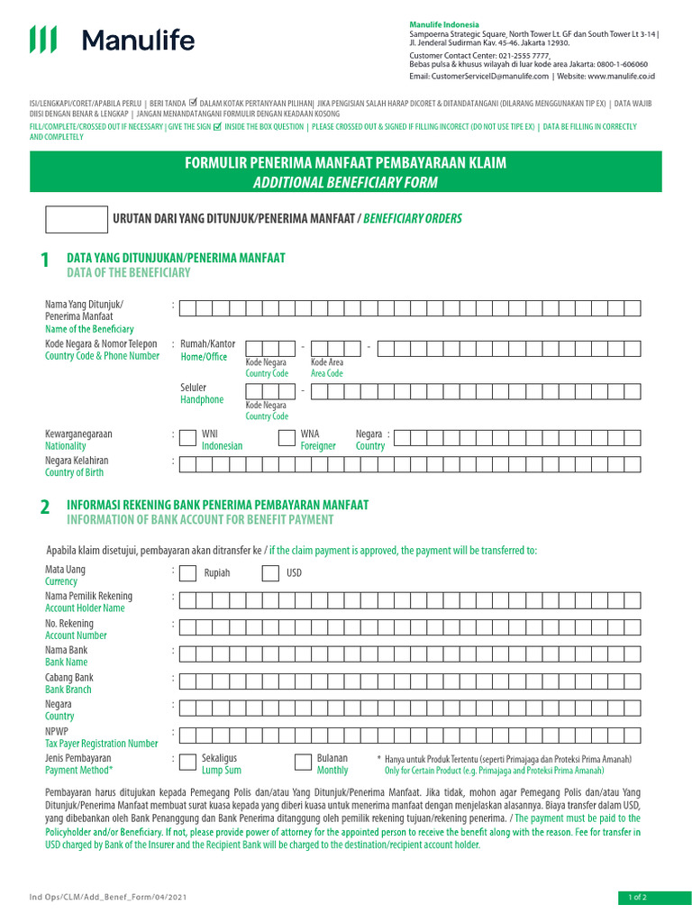 Formulir Penerima Manfaat Pembayaran Klaim - Asuransi Individu | PDF