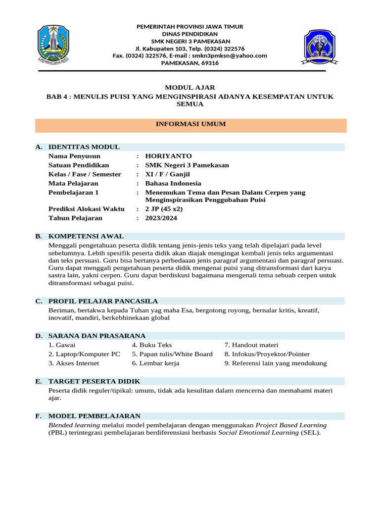 MODUL 4 - Menulis Puisi Yang Menginspirasi Adanya Kesempatan Untuk Semua | PDF