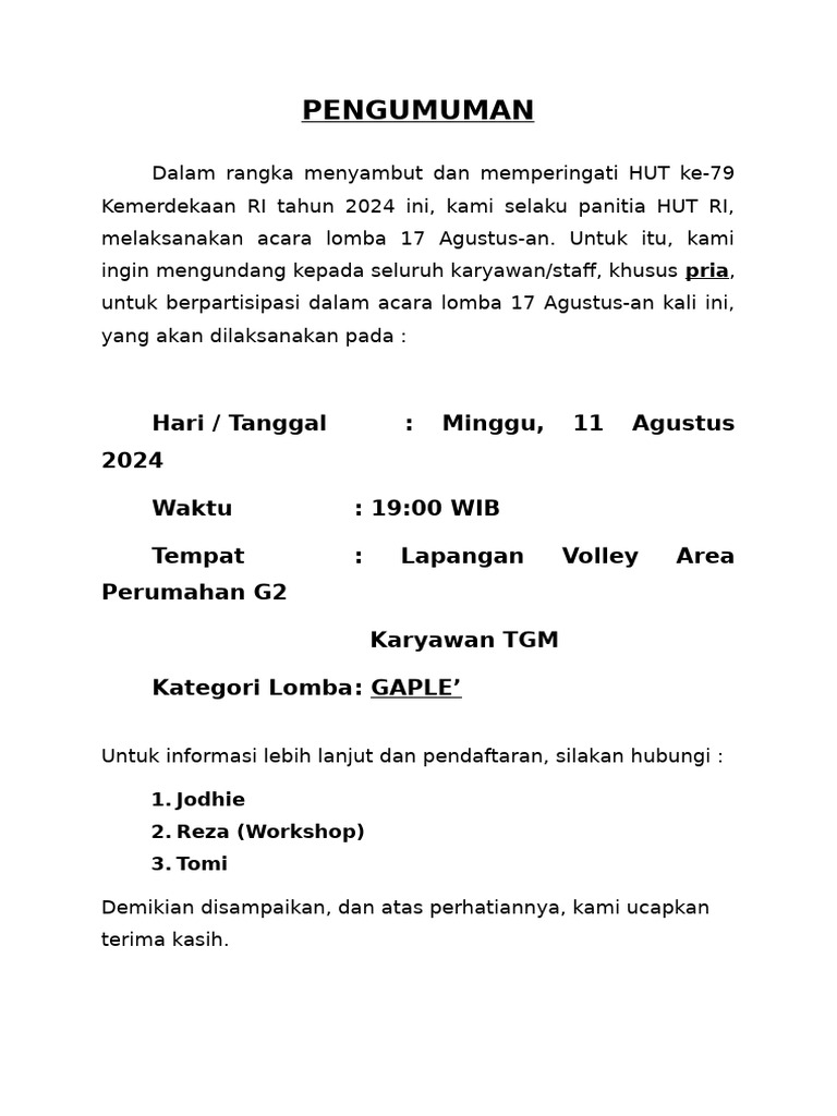 PENGUMUMAN LOMBA GAPLE | PDF