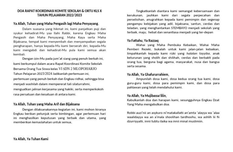 DOA RAPAT Koordinasi Komite Sekolah Dan | PDF