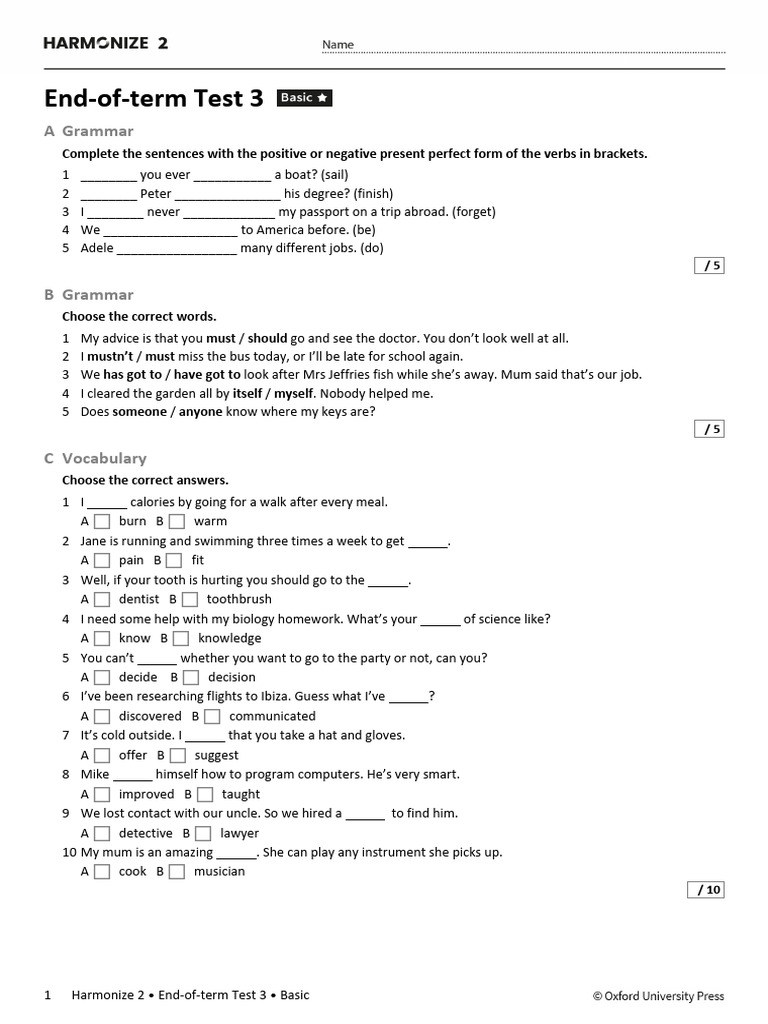 Harmonize 2 End-Of-term Test 3 Basic | PDF