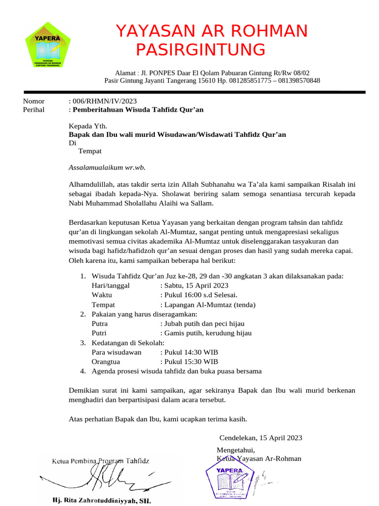 Surat Pemberitahuan Wisuda Tahfidz Angkatan 3 | PDF