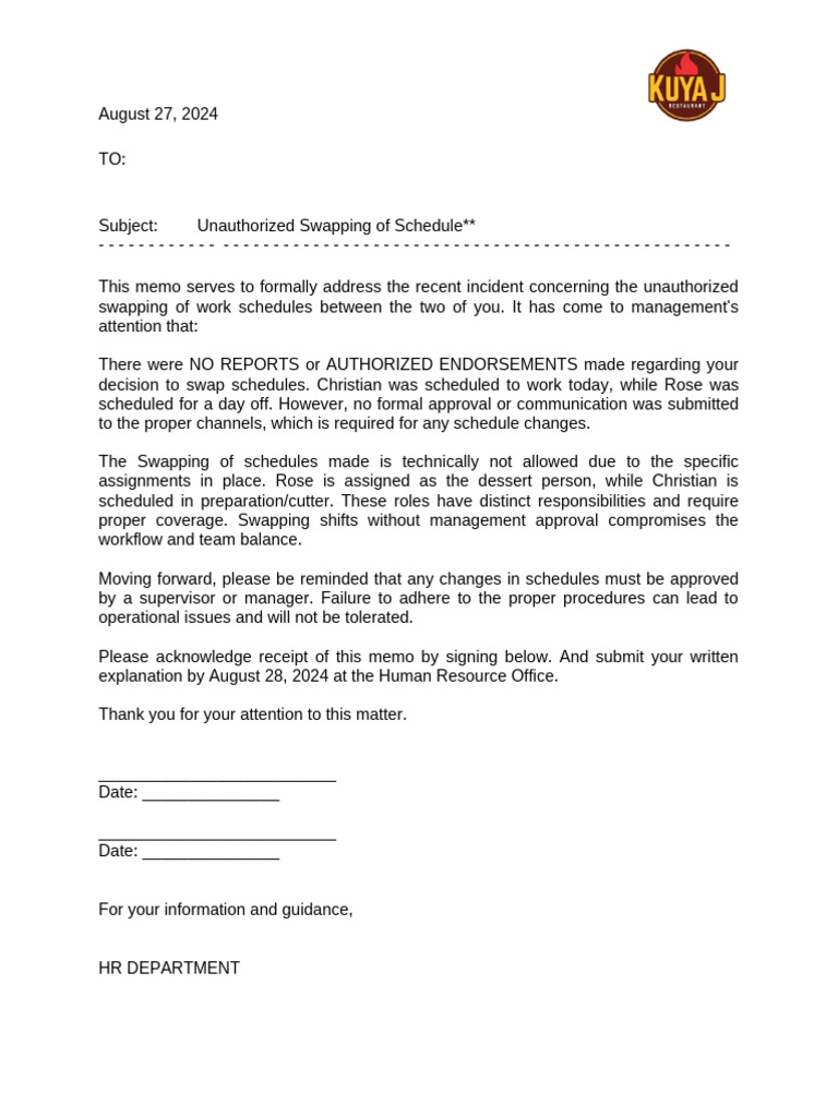 Memo - Unauthorized Swapping of Schedule | PDF