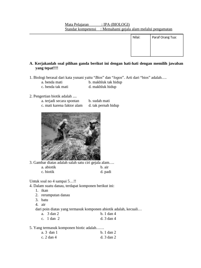 Latihan Soal Biologi Kelas VII Semester I | PDF