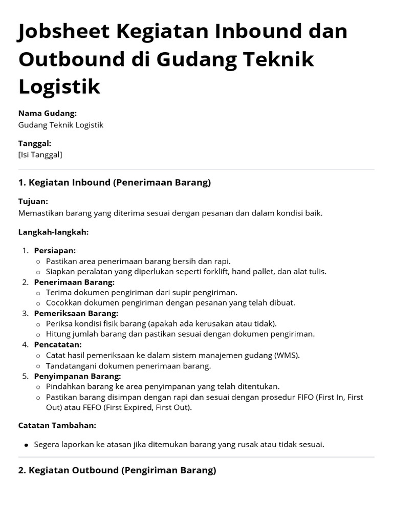 Jobsheet Kegiatan Inbound Dan Outbound Di Gudang Teknik Logistik | PDF