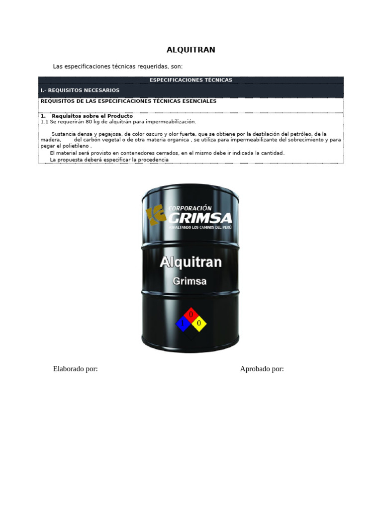Especificaciones Técnicas de Alquitrán | PDF