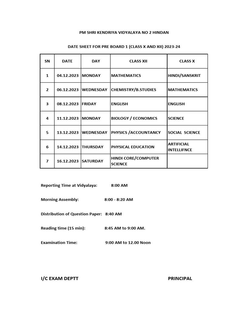 Date Sheet Preboard 1 2023-24 | PDF