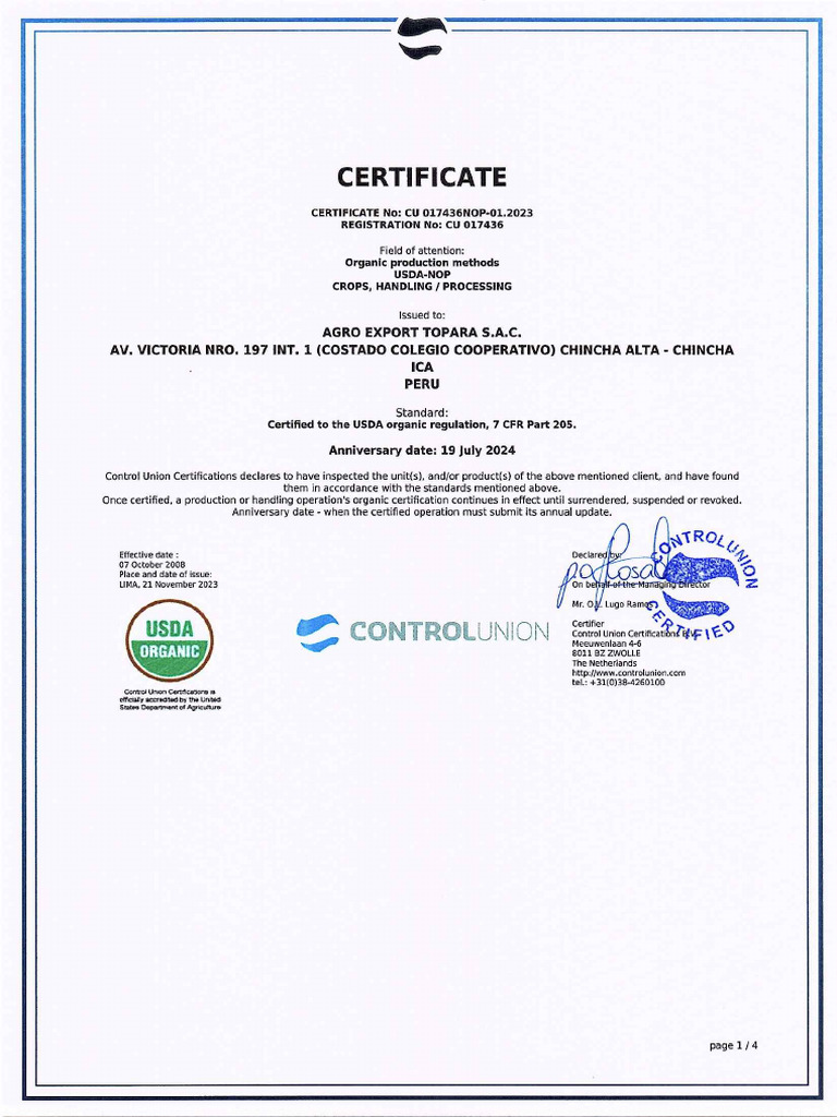Certificado C017436nop-Agro Export Topara S.A.C Vcto 07-2024 | PDF