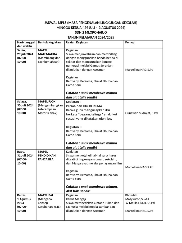 Jadwal MPLS Minggu Kedua | PDF