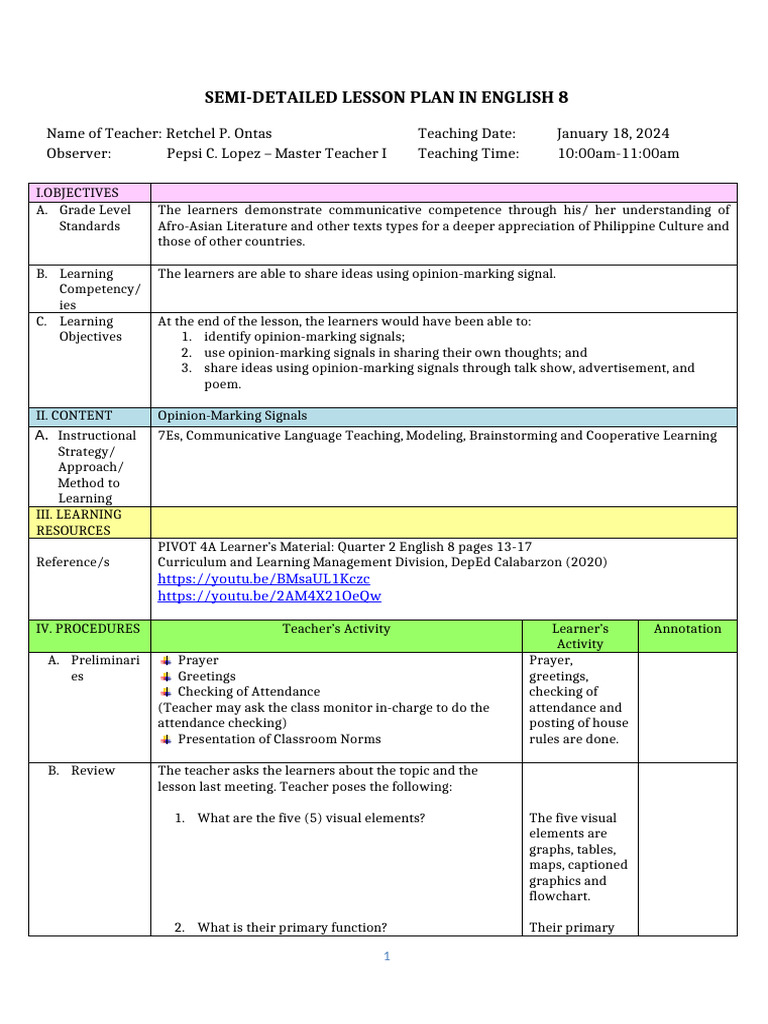 Lesson Plan in English 8 - Opinion Marking Signals | PDF | Teachers ...