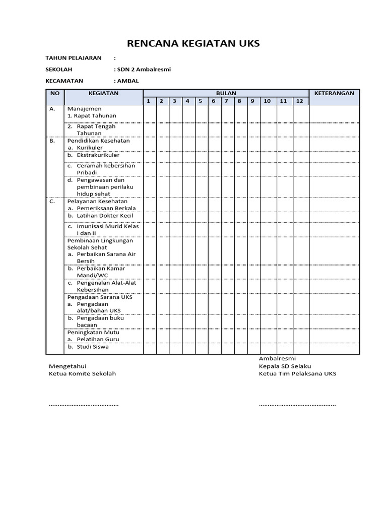 Tabel Rencana Kegiatan Uks | PDF