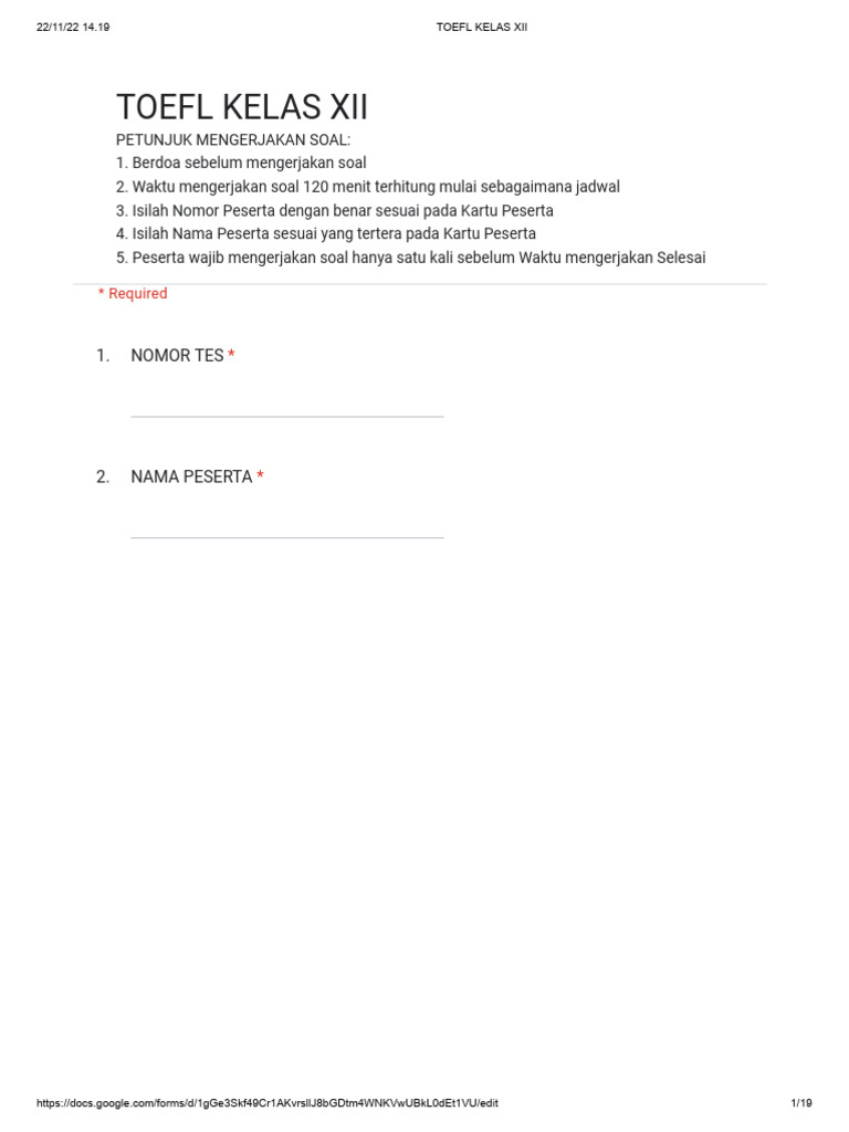 TOEFL KLS XII - M Haris Mahfudh - Google Forms | PDF