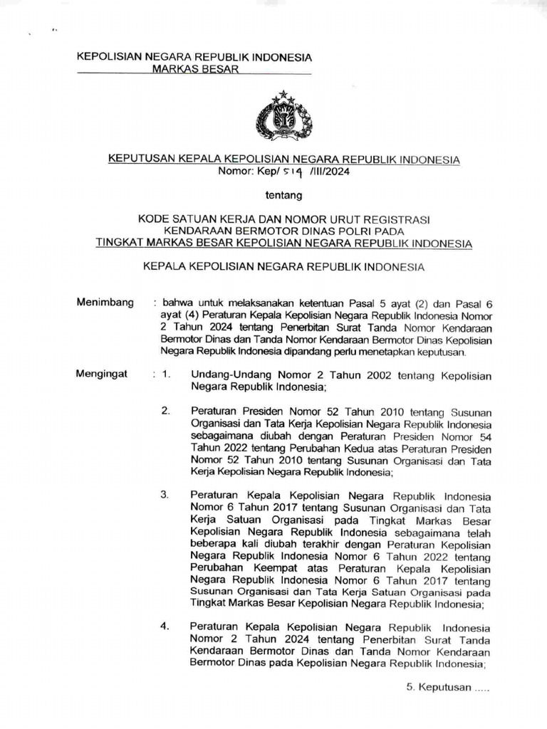 Kep Kapolri Nomor Kep.514.III.2024 Tentang Kode Satker Dan Nomor Urut ...