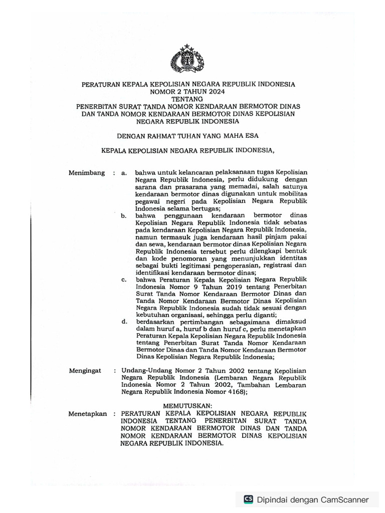 Perkap No 2 Tahun 2024 Tentang Penerbitan STNK-BD | PDF