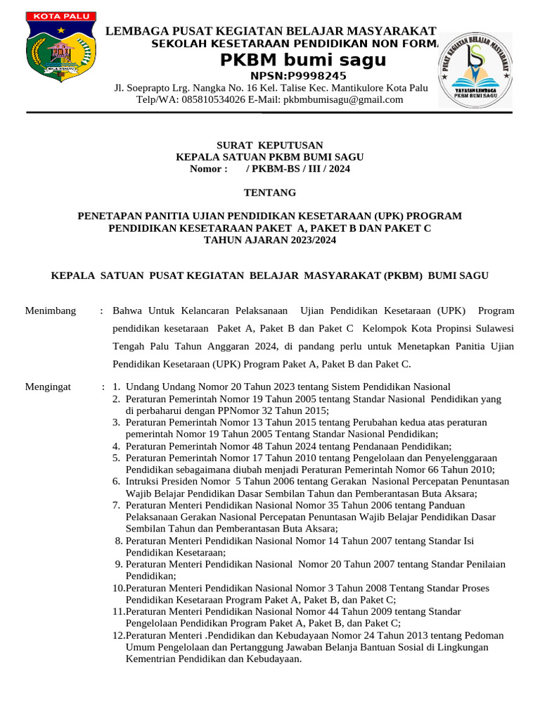 Arsip SK Panitia Ujian Upk Tahap I Paket Abc 2024 | PDF