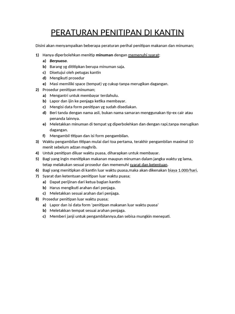 Peraturan Penitipan Di Kantin | PDF