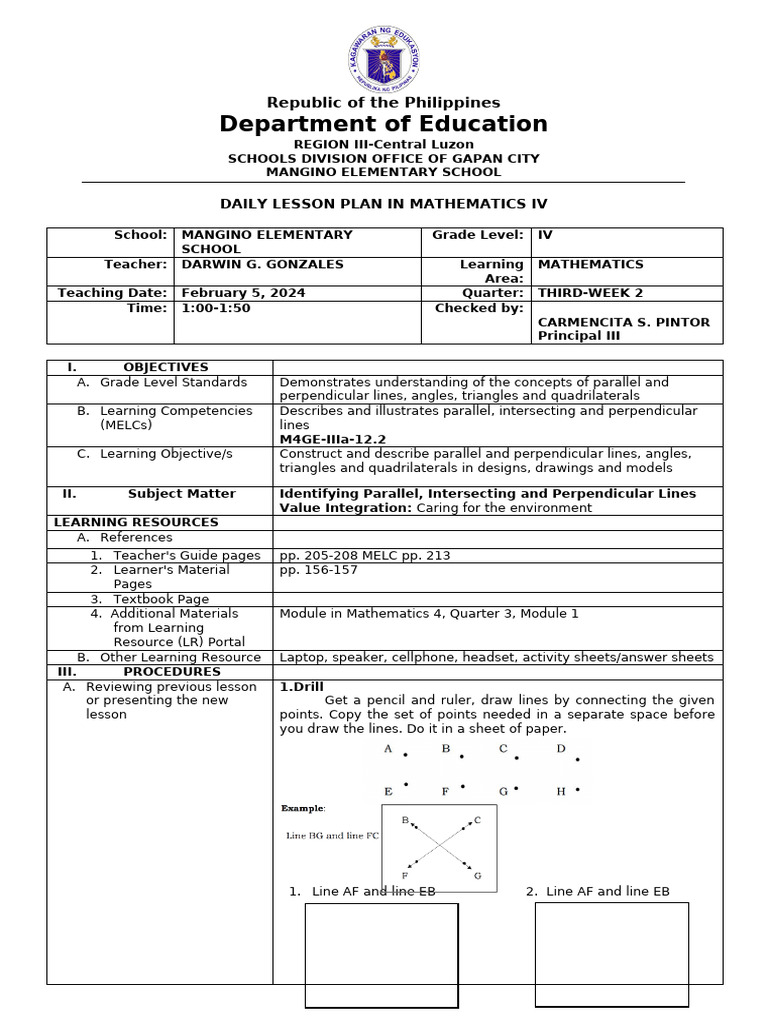 COT-Grade4-MATHEMATICS-Q3-INTERSECTING, PARALLEL and PERPENDICULAR LINES | PDF