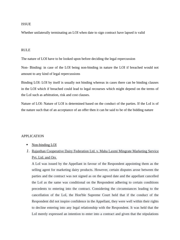 LOI Validity, Non Execution of Agreement | PDF