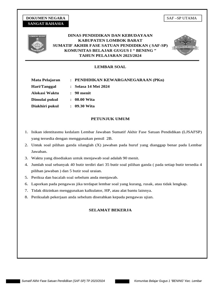 PKN - SOAL SASP 2024 | PDF