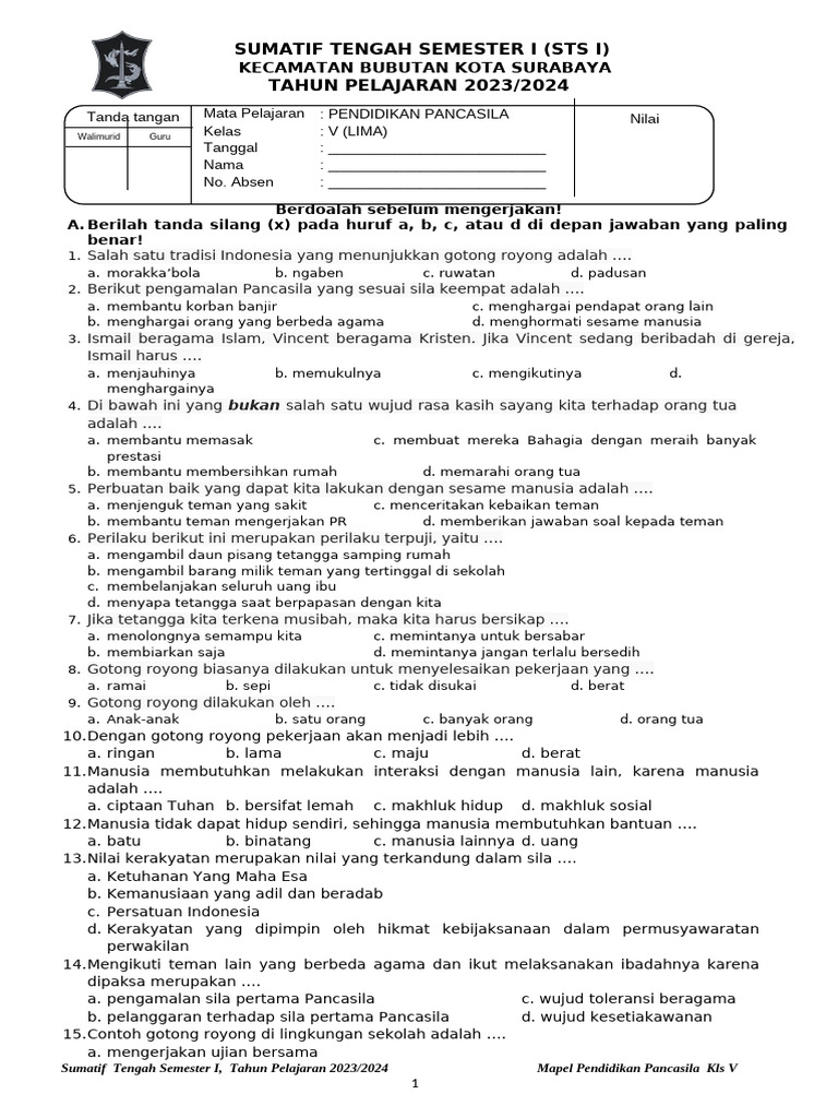 Soal Sumatif Tengah Semester I Pendidikan Pancasila 2023-2024 | PDF