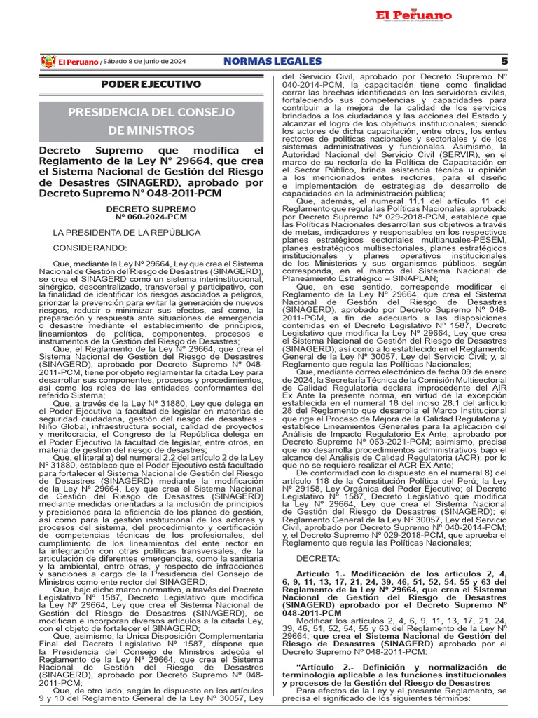 DS20240608 - D.S. #060-2024-PCM - Decreto Supremo Que Modifica El Reglamento de La Ley #29664 | PDF