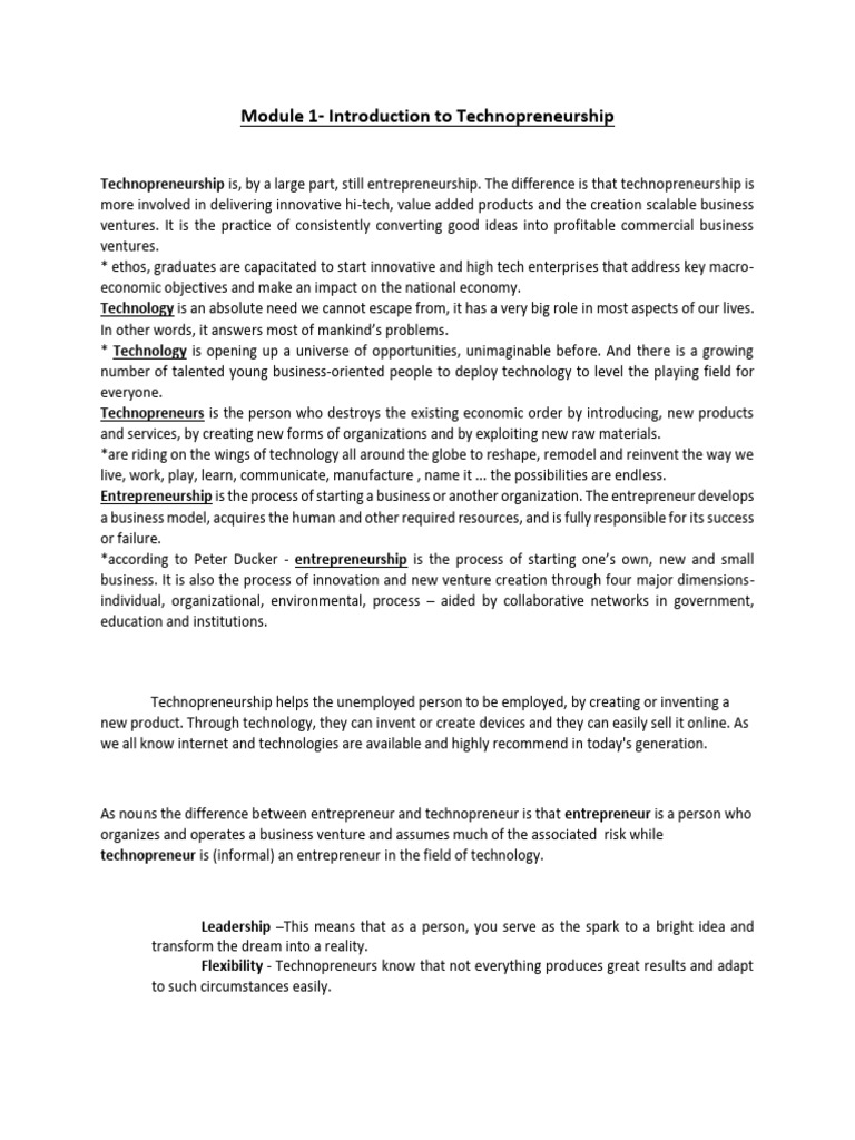 Module 1 Introduction To Technopreneurship | PDF