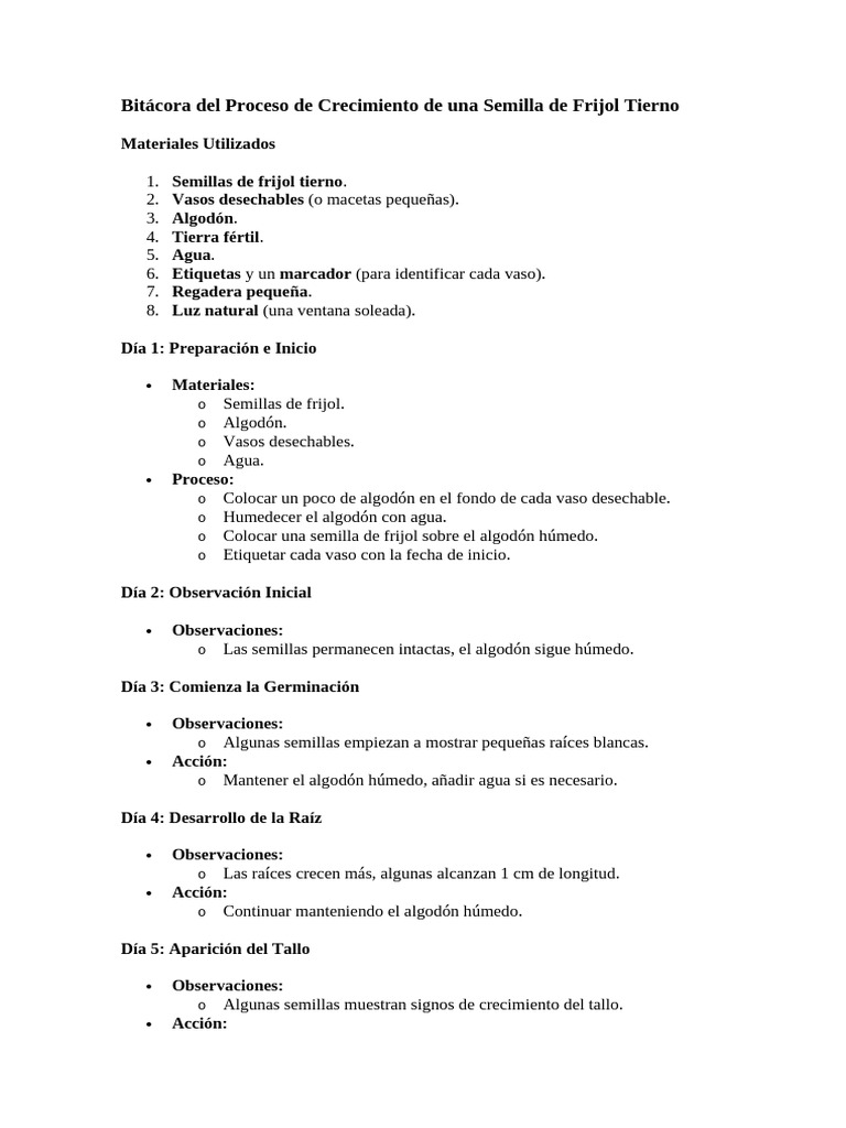 Bitácora de Germinación del Frijol Tierno | PDF | Semilla | Hogar ...
