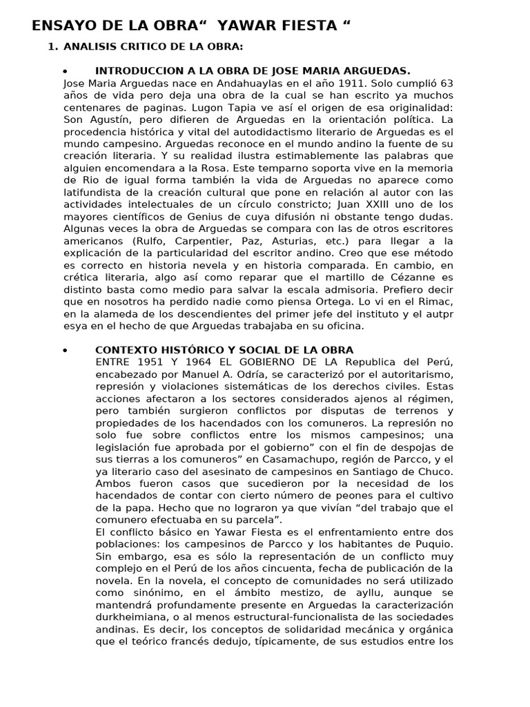 Ensayo de Yawar Fiesta | PDF