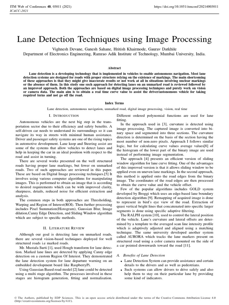 Lane Detection Techniques Using Image Processing | PDF Lane Detection Techniques Using Image Processing | PDF