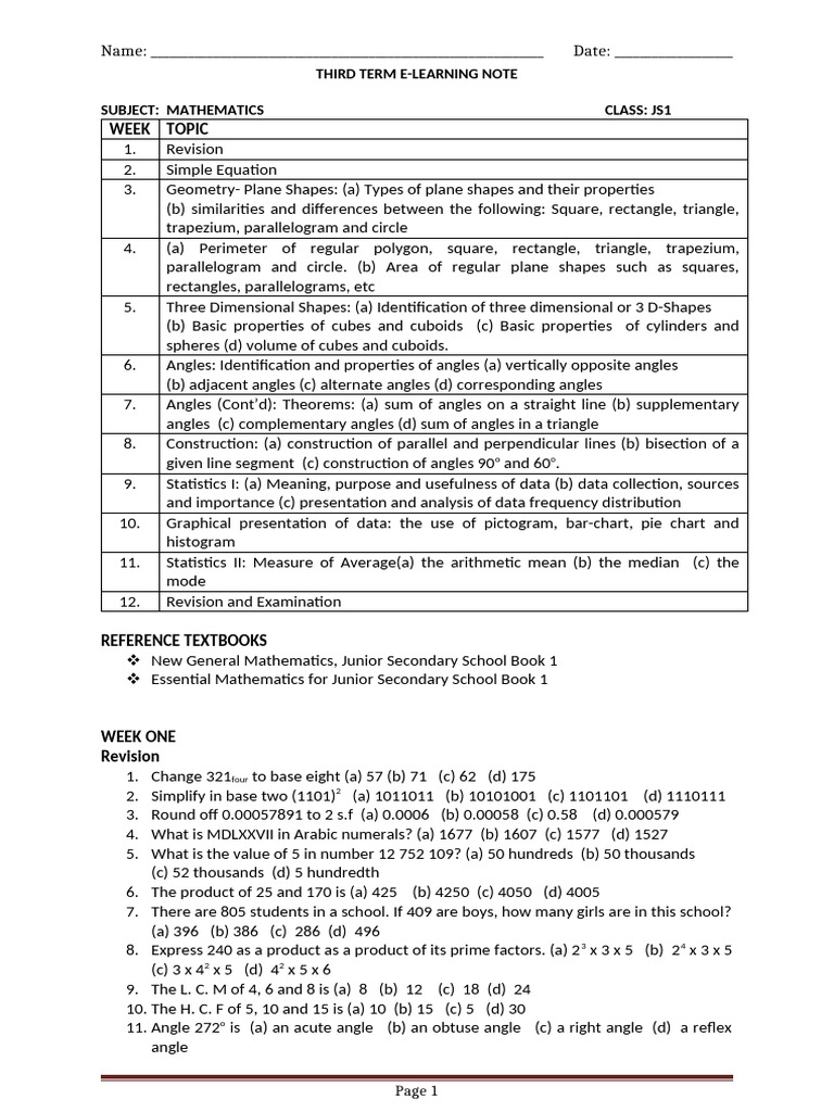 3RD Term J1 Mathematics | PDF