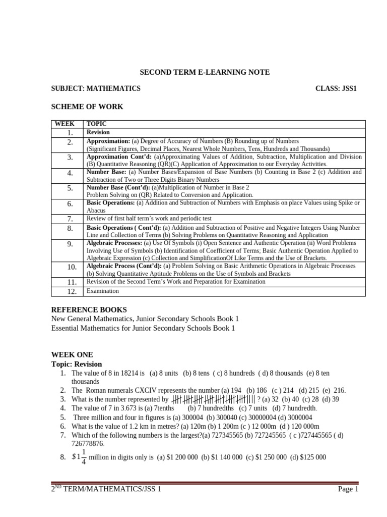 Second Term JSS1 Mathematics | PDF | Numbers | Arithmetic