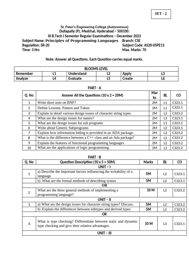 III CSE - PPL - Model Paper 2 | PDF