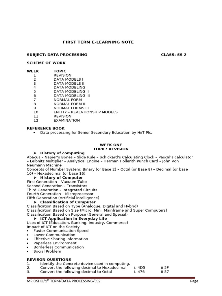 FIRST TERM SS2 Data Processing | PDF | Data Model | Databases
