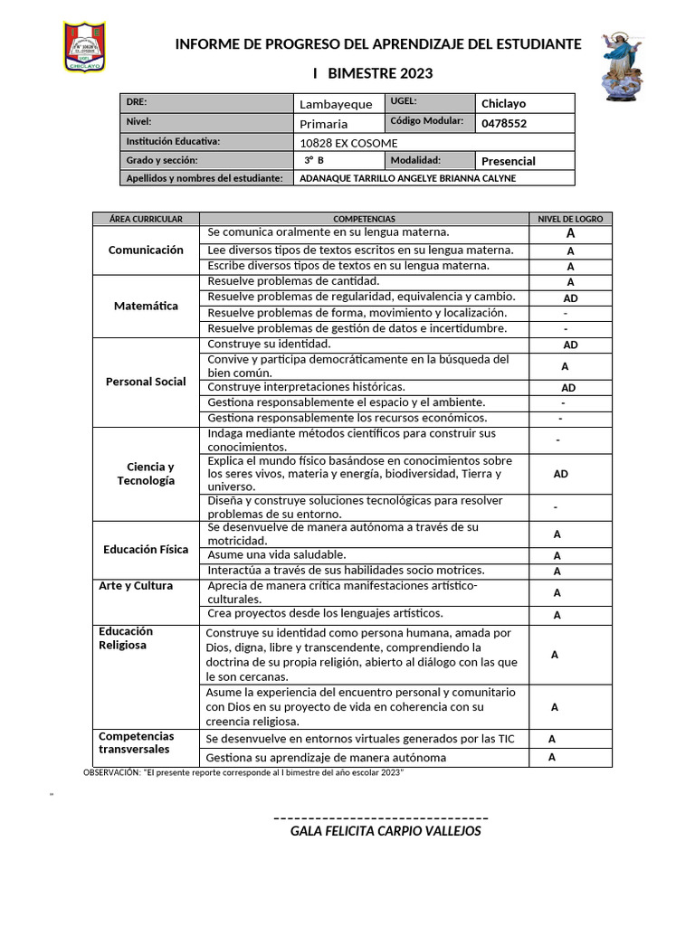 Informe de Progreso Del Aprendizaje Del Estudiante Adanaque | PDF