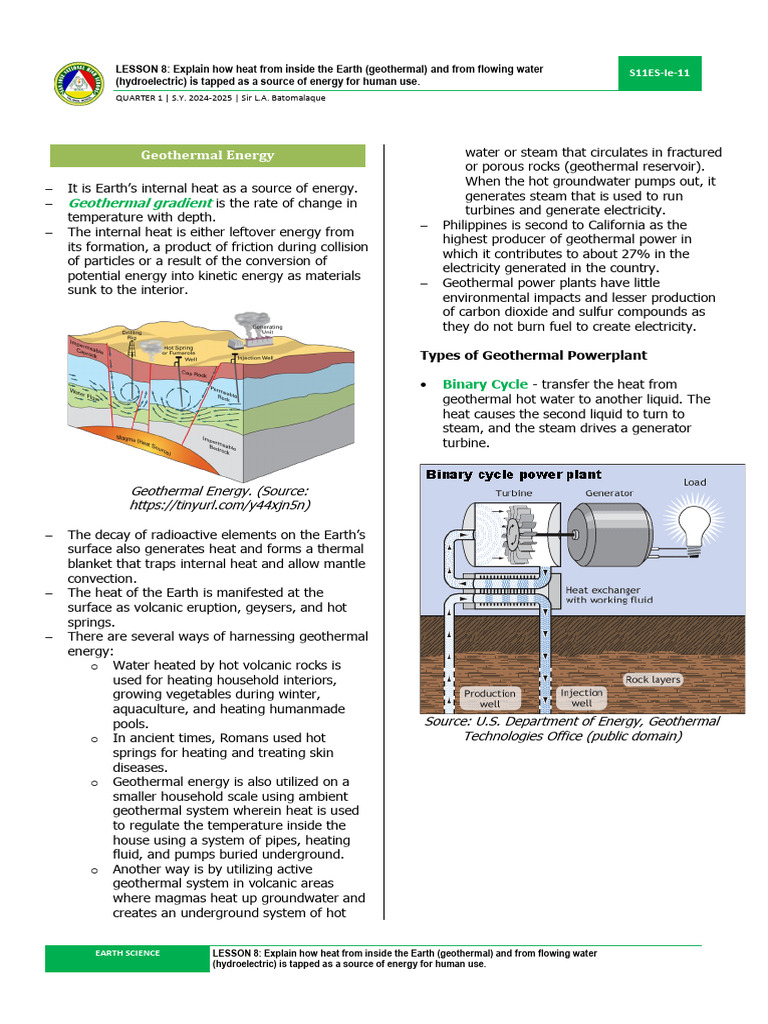 LESSON 8 Explain How Heat From Inside The Earth Geothermal and From Flowing Water Hydroelectric ...