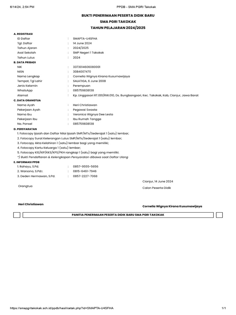 PPDB - SMA PGRI Takokak | PDF