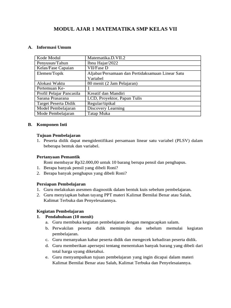 Modul Ajar Bab 3 Persamaan Dan Pertidaksamaan | PDF